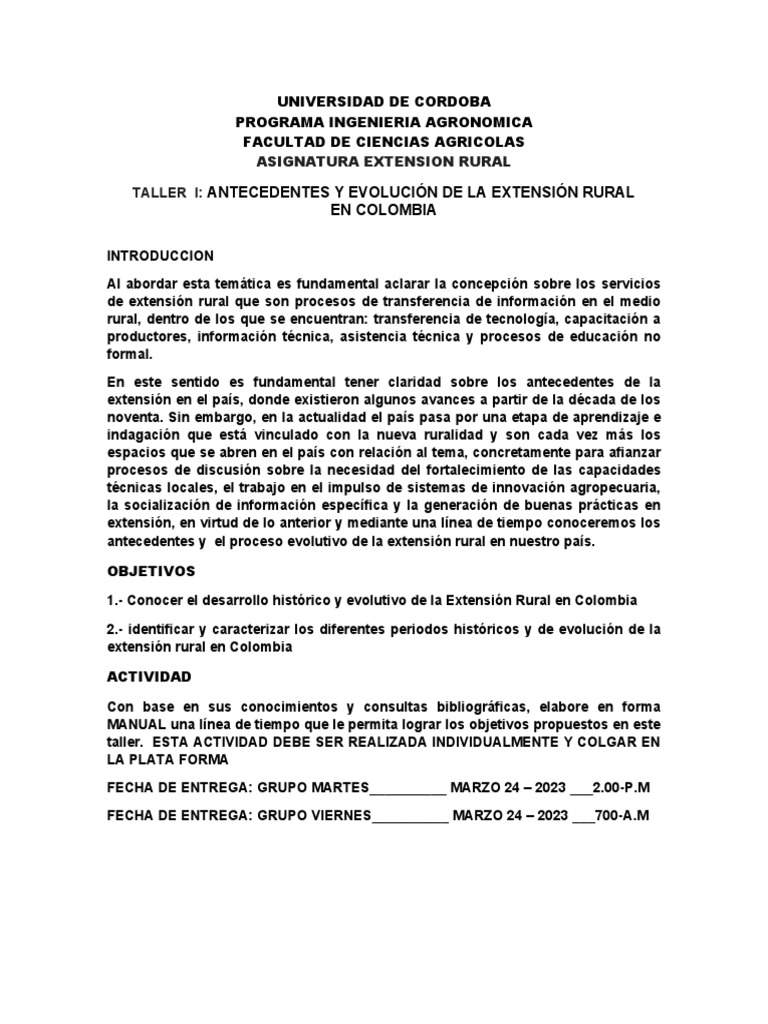 Taller 1 - Evolucion de La Extension Rural en Colombia (2) - 103651 | PDF