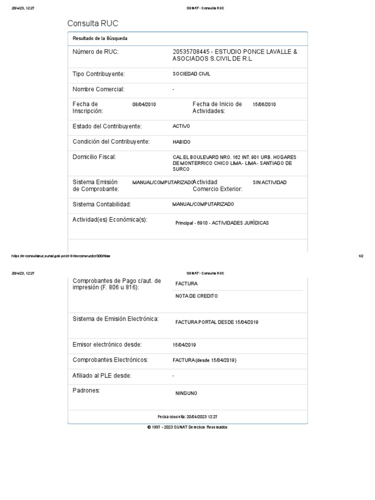 SUNAT - Consulta RUC - ESTUDIO PONCE LAVALLE & ASOCIADOS SCRL | PDF ...