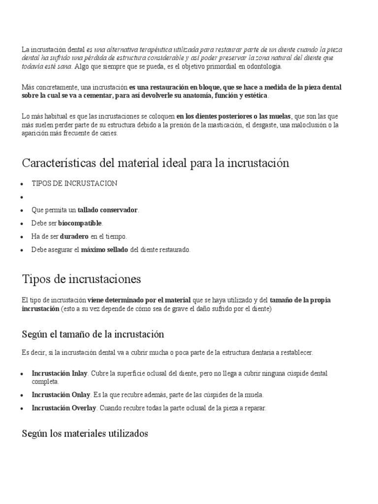 Tipos de Incrustacion | PDF | Diente | Compuesto Dental
