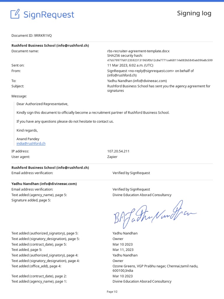 Signing Log: Rushford Business School (Info@rushford - CH) | PDF ...