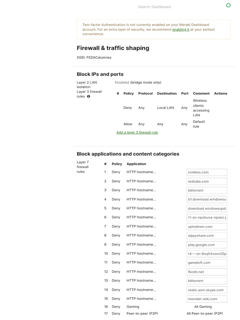 Firewall And Traffic Shaping Meraki Dashboard Pdf Hypertext Transfer Protocol Peer To Peer
