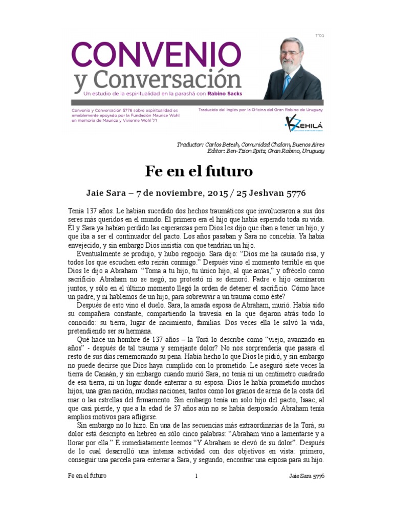 1.5 SPANISH Chayei Sarah Rabino Sacks Jaie Sara 5776 | PDF | Abrahán ...