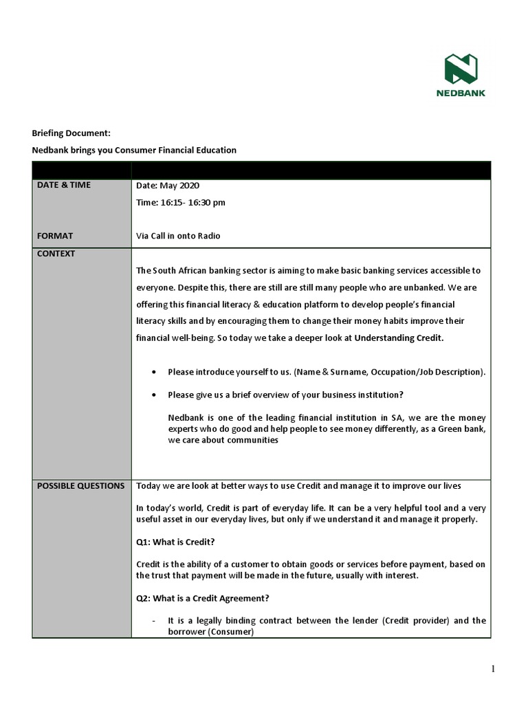 Briefing Document: Nedbank Brings You Consumer Financial Education ...
