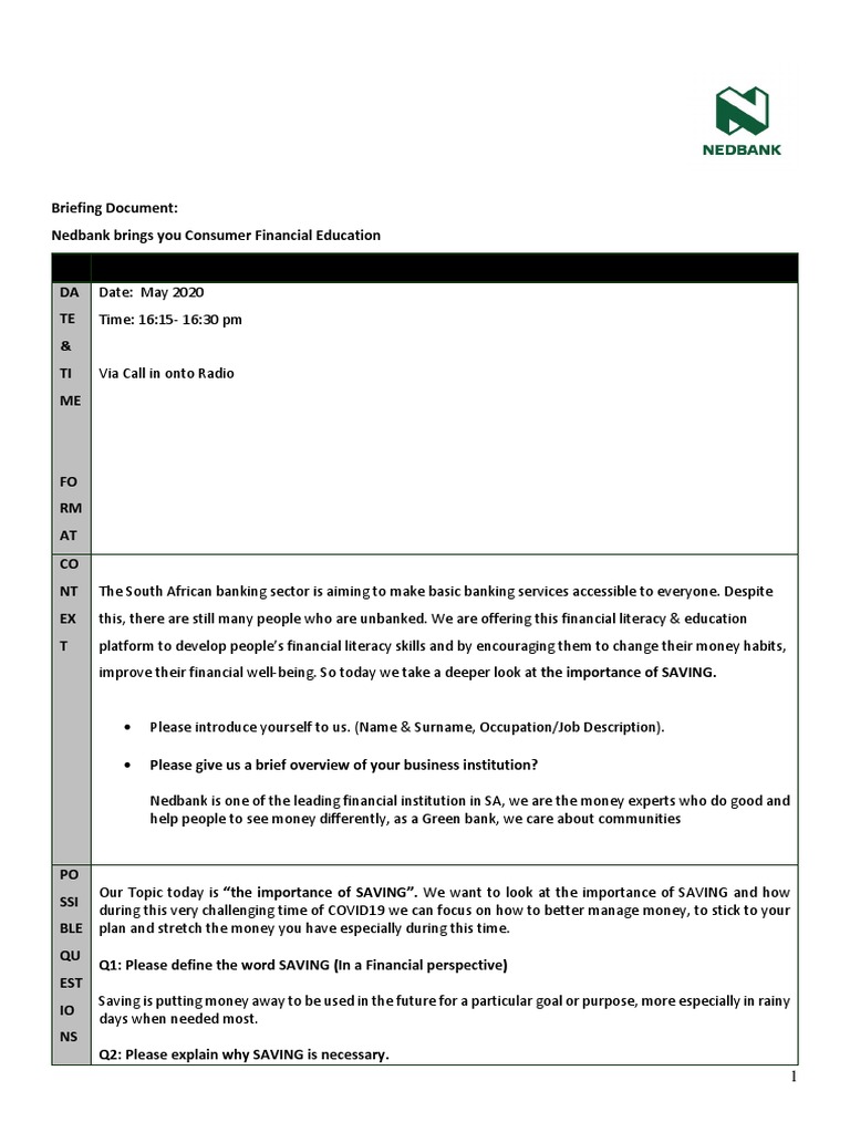 Briefing Document: Nedbank Brings You Consumer Financial Education | PDF