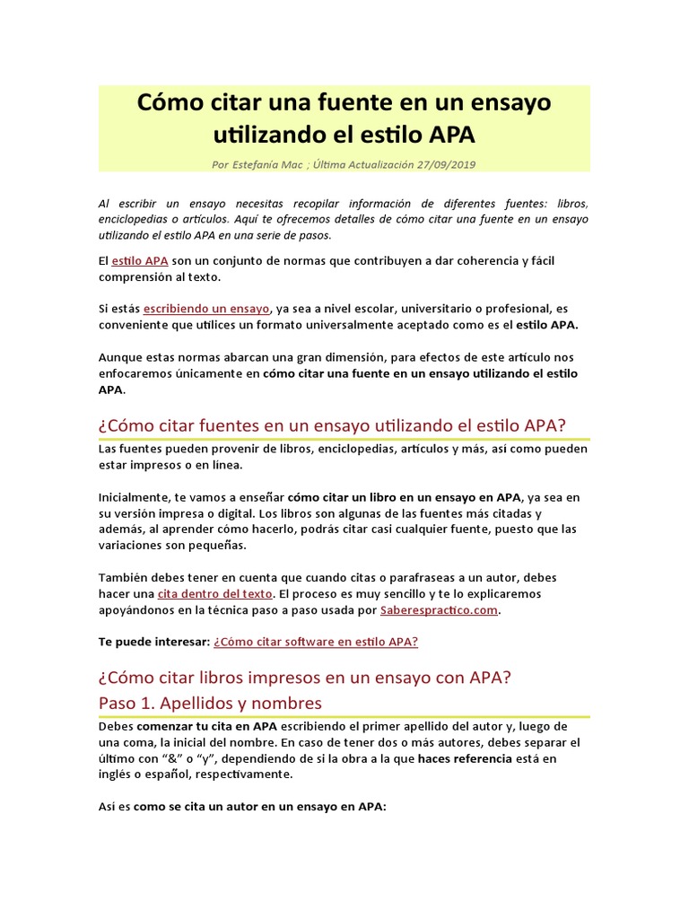 Cómo citar fuentes en un ensayo APA | PDF | Estilo apa | Wikipedia