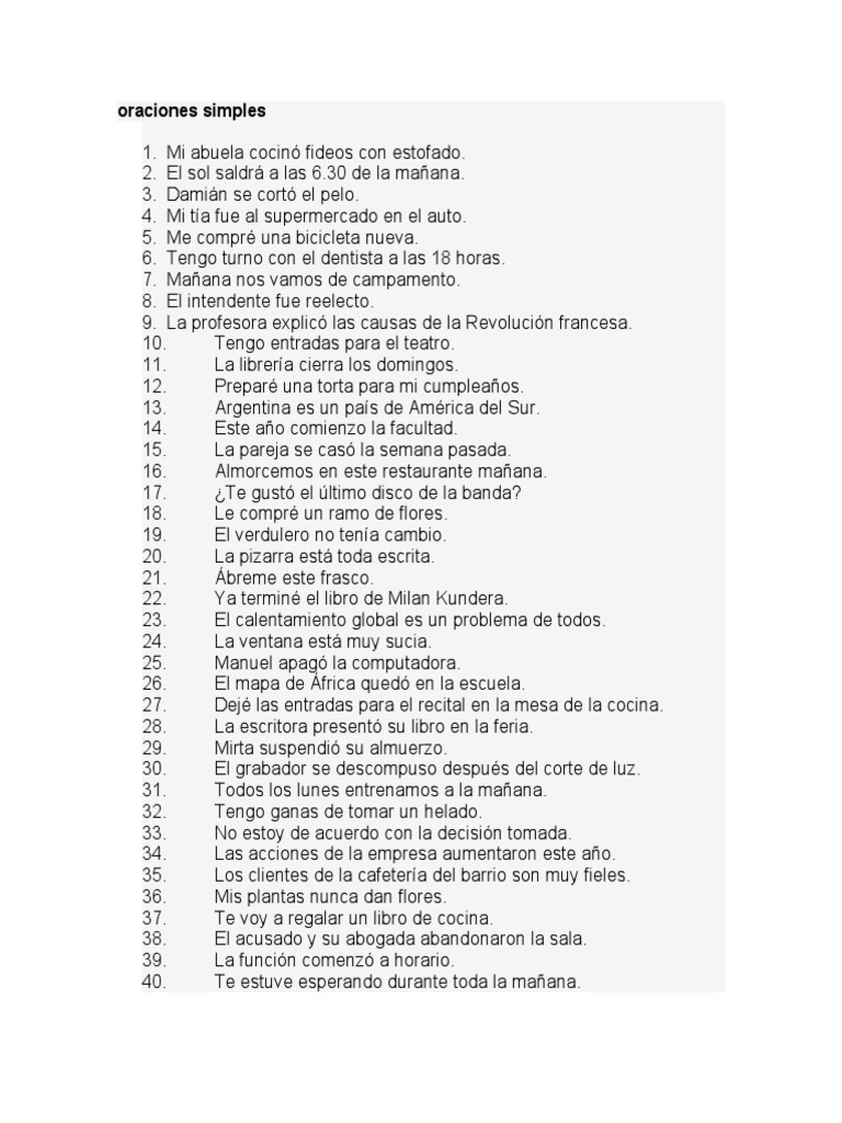 40 Oraciones Simples 40 Verbos 20 Oraciones Compuestas 5 Ejemplos De