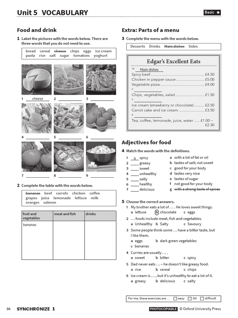 Synchronize1 TRB Worksheets Unit 5 Basic Vocabulary | PDF | Taste | Drink