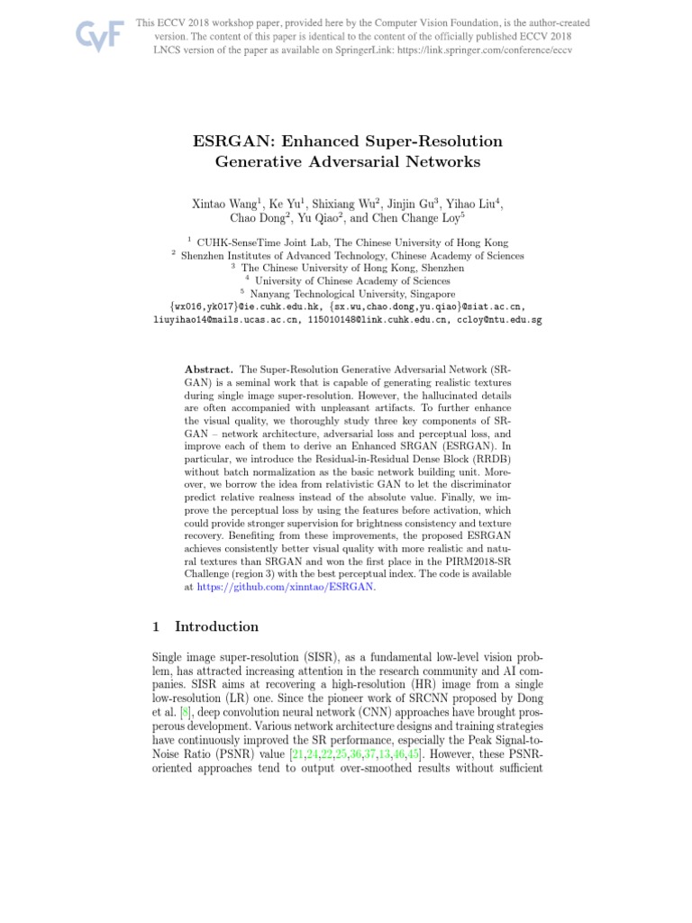 Esrgan Enhanced Super Resolution Generative Adversarial Networks Pdf Deep Learning