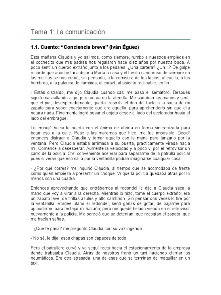 Tema 1: La Comunicación: 1.1. Cuento: "Conciencia Breve" (Iván Égüez) | PDF | Comunicación ...