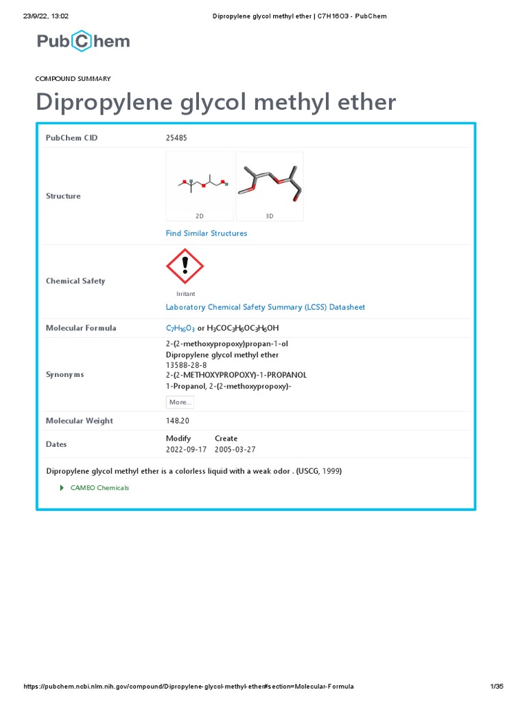 Dipropylene glycol methyl ether _ C7H16O3 - PubChem | PDF | Toxicity ...