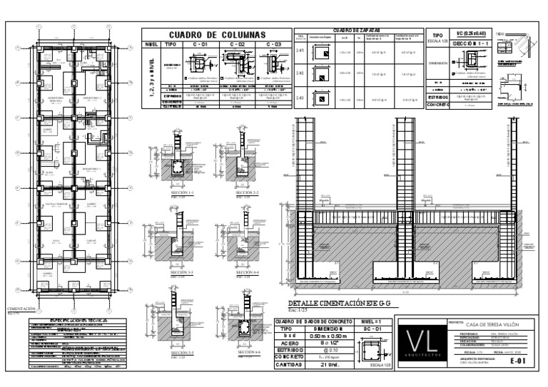 Cuadro de Columnas: Tipo C - 01 Nivel C - 02 C - 03 Sección 1 - 1 | PDF