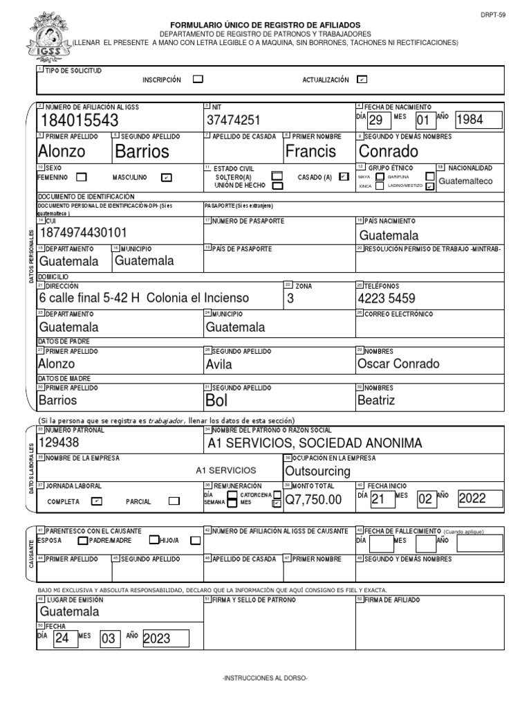 Formulario DRPT 59 Igss Rev 2021 Victoria Quinon | PDF | Guatemala