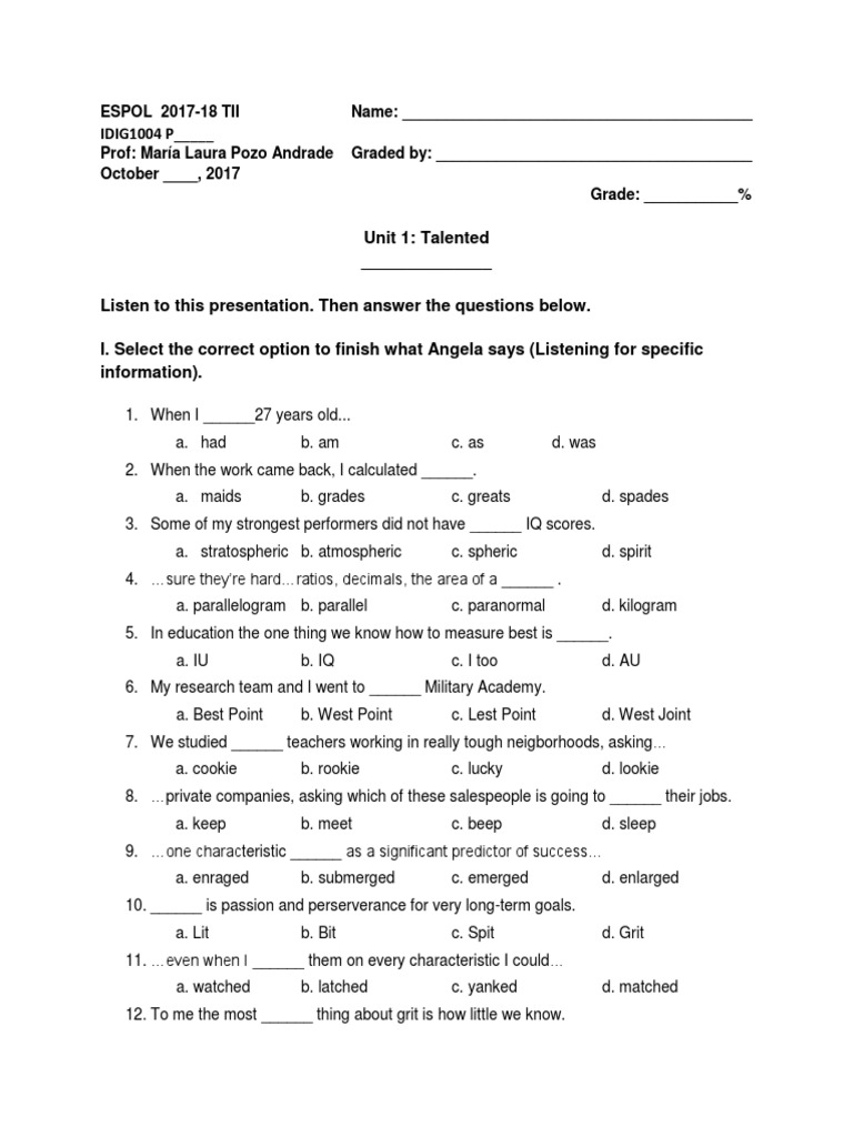 Worksheet IDIG1004 U1 GR Listening SSprint | PDF | Grit (Personality ...