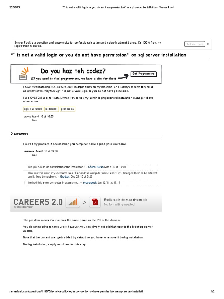 1.-Is Not A Valid Login or You Do Not Have Permission - On SQL Server Installation | PDF