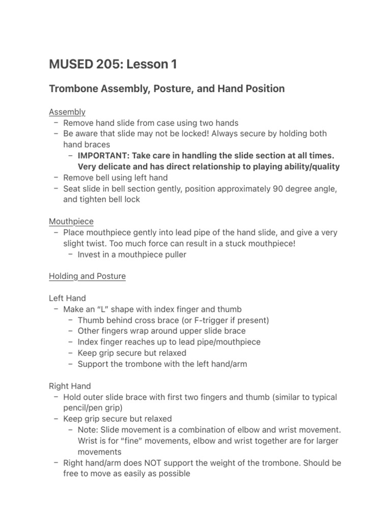 MUSED 205 Lesson 1 Trombone Assembly, Posture, Hand Position | PDF