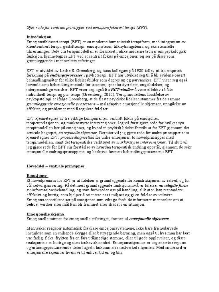 Introduksjon: Gjør Rede For Sentrale Prinsipper Ved Emosjonsfokusert Terapi (EFT) | PDF