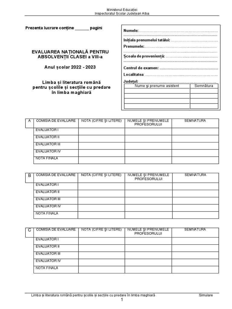 Evaluarea Națională Pentru Absolvenții Clasei A Viii-A Anul Școlar 2022 - 2023 | PDF
