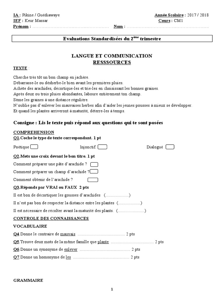 Évaluations CM1 2ème Trimestre 2023 | PDF | Méthodes et références ...