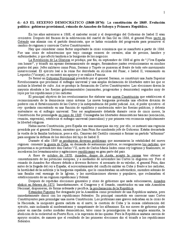 06-6-3 El Sexenio Democrático (1868-1874) | PDF | Gobierno de españa | España