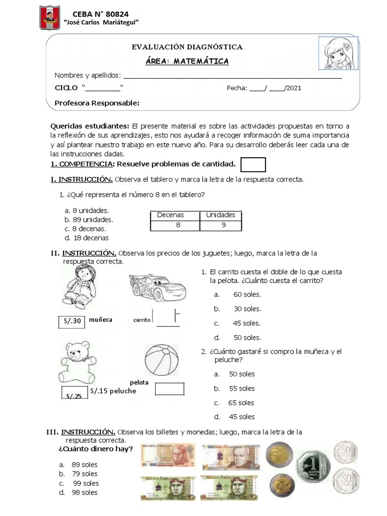 Prueba Diagnóstica de Matemática Tercer Grado | PDF