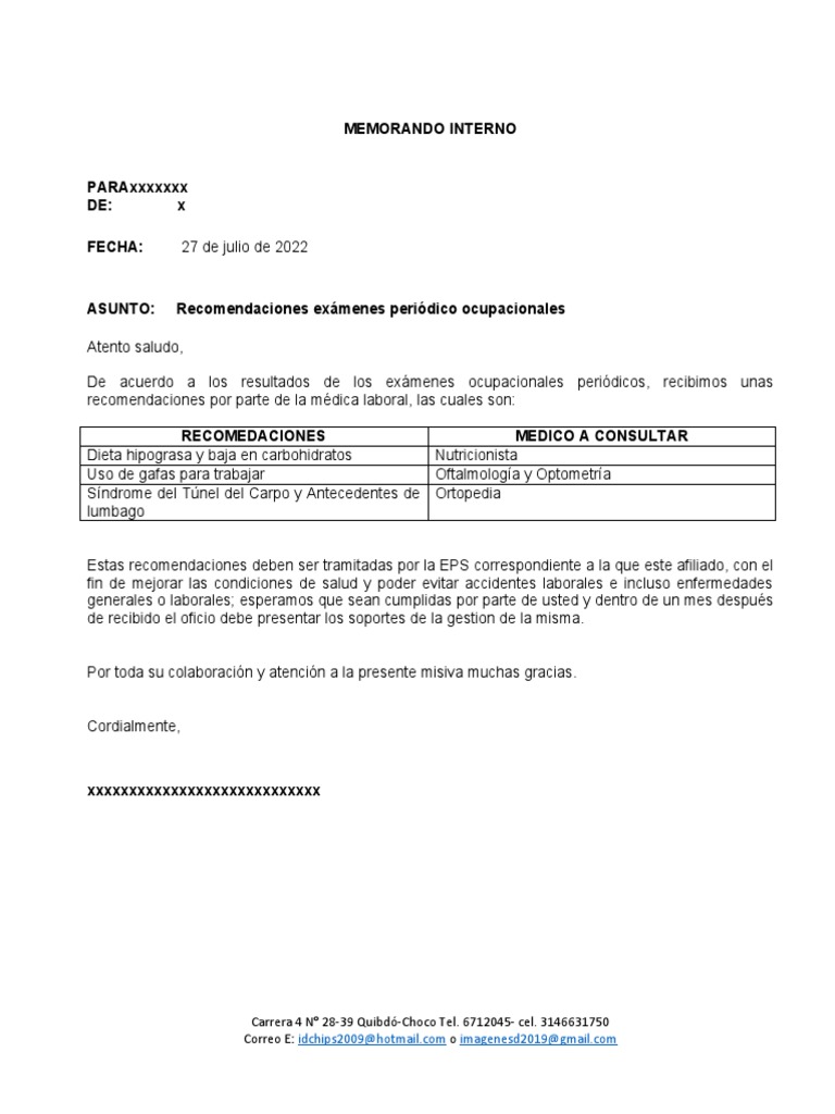 Memorando Interno Paraxxxxxxx De: X Fecha: 27 de Julio de 2022 | PDF