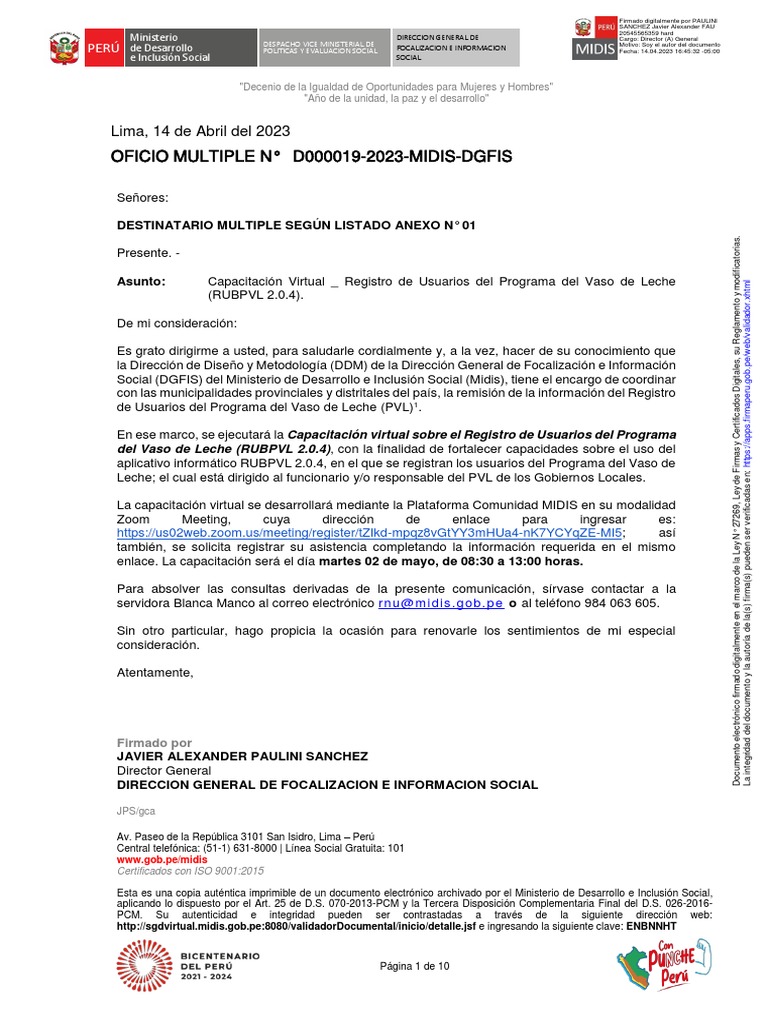 Oficio Multiple #D000019-2023-Midis-Dgfis | PDF | Perú