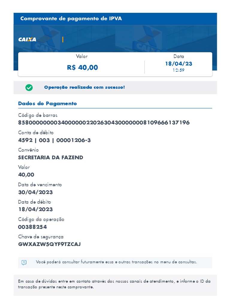 Comprovante de pagamento do IPVA no valor de R$40,00 realizado em 18 de abril de 2023 | PDF