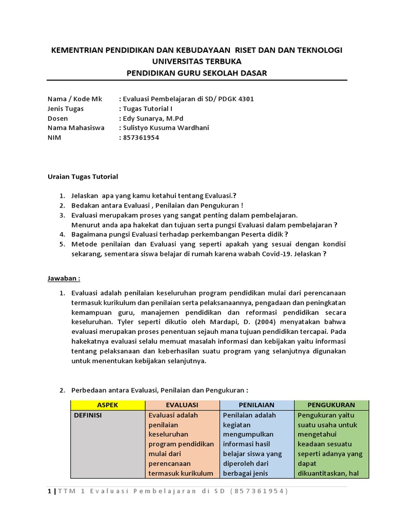 Tugas Tutorial 1 Evaluasi Pembelajaran Di SD - Universitas Terbuka | PDF | Bisnis