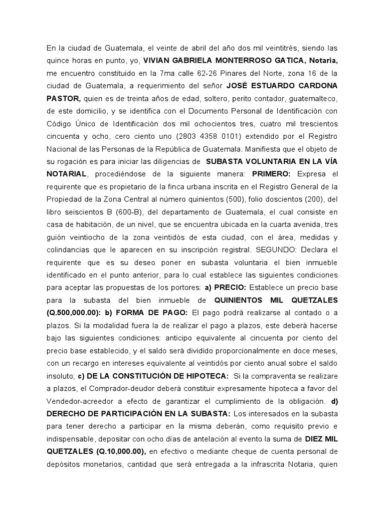 Acta Notarial de Requerimiento - SUBASTA VOLUNTARIA | PDF | Derecho