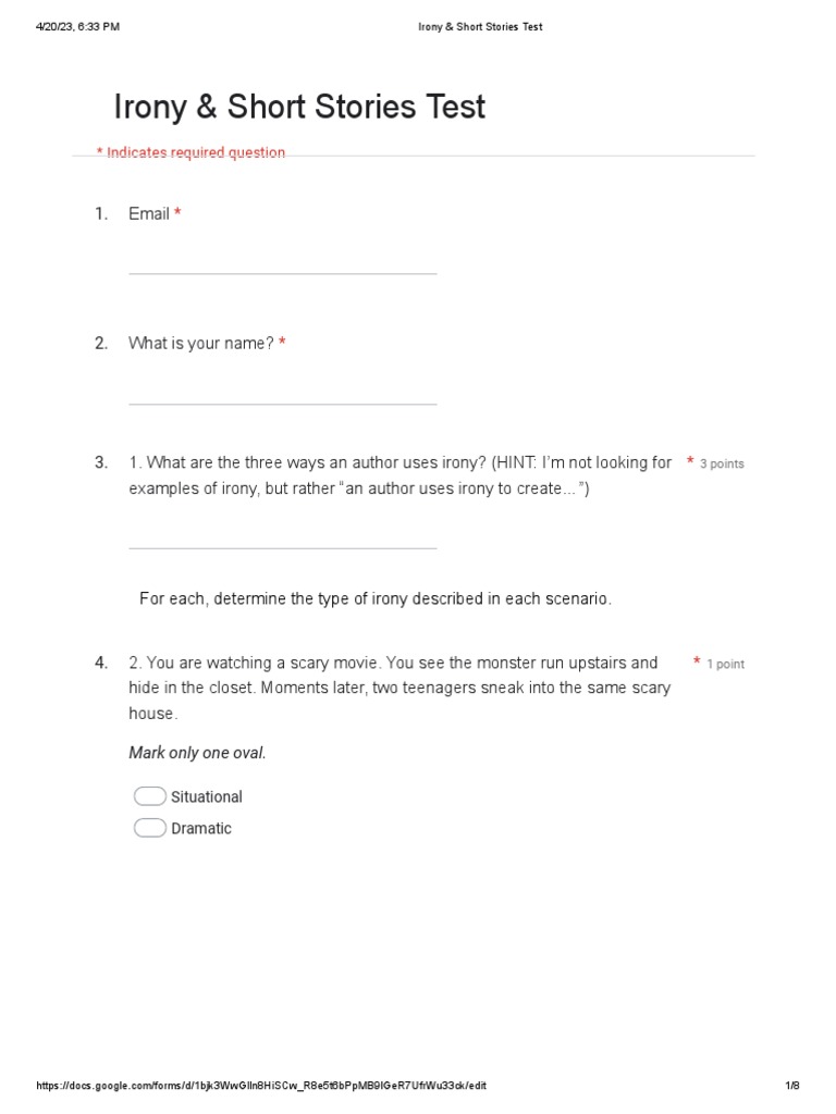 Irony in Short Stories Assessment | PDF | Irony