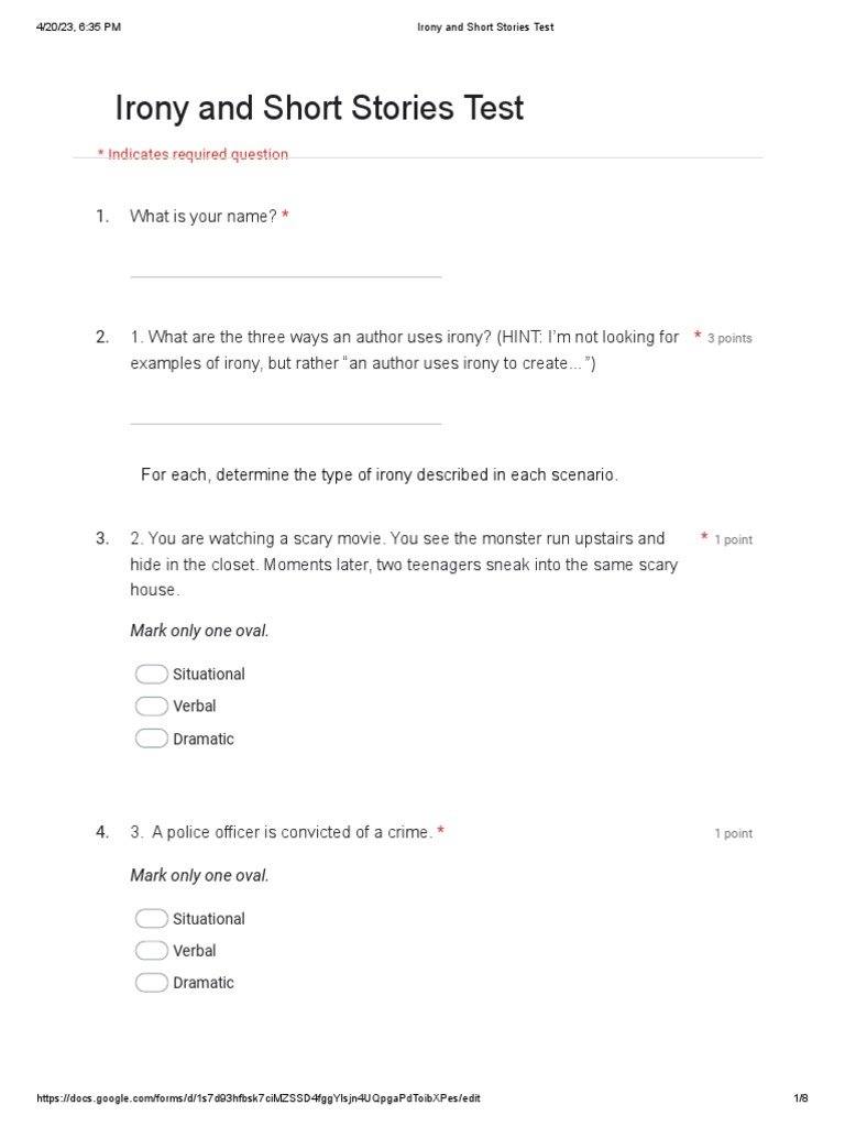 Irony Short Stories Test A - Google Forms | PDF