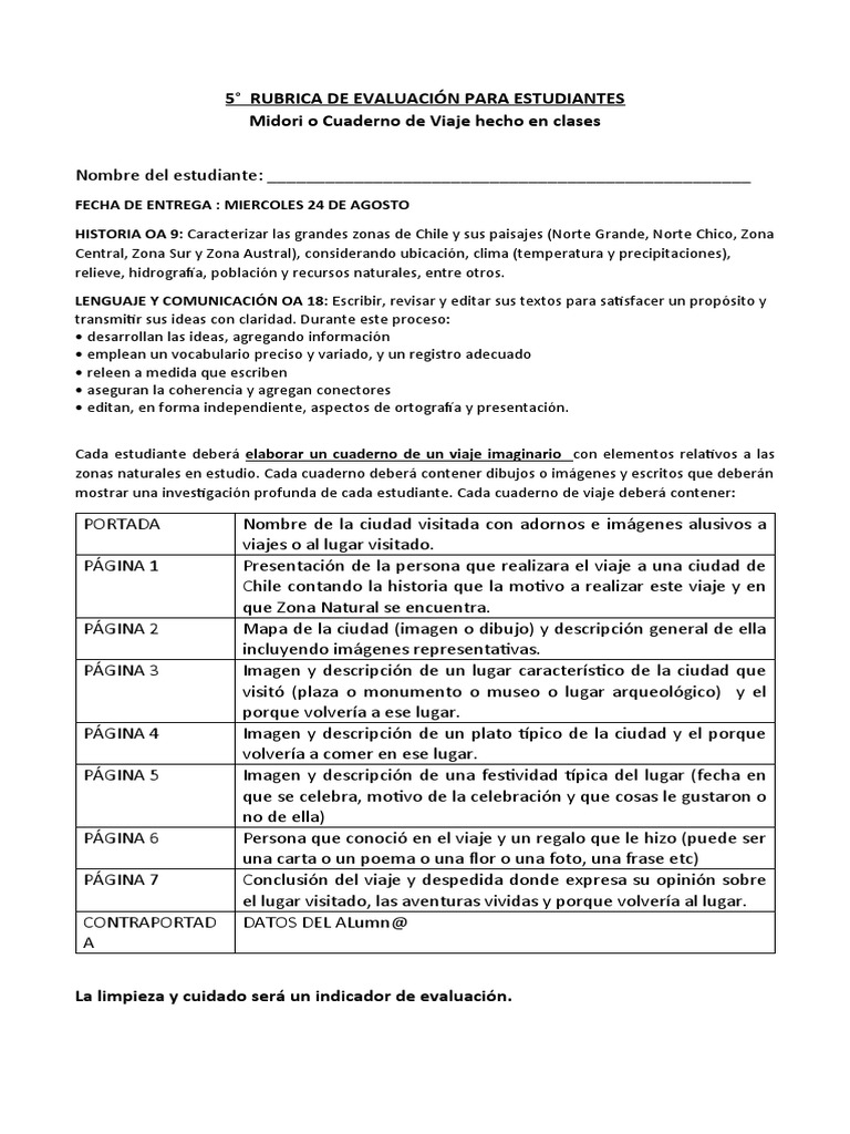 5° Rúbrica Cuaderno de Viaje | PDF
