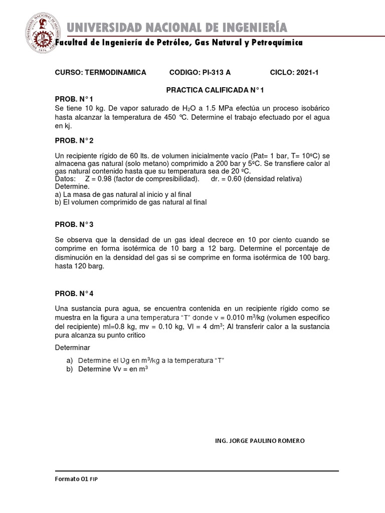 Practica Calificada Nº1 Termodinamica 2021-1 | PDF