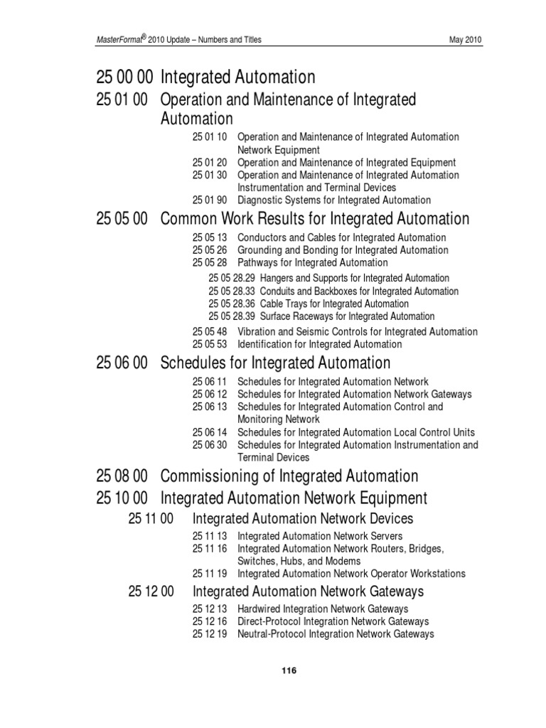 MasterFormat 2010 Division 25. Integrated Automation | PDF