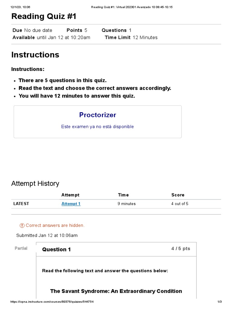 Reading Quiz #1 - Virtual 202301 Avanzado 10 08 - 45-10 - 15 | PDF