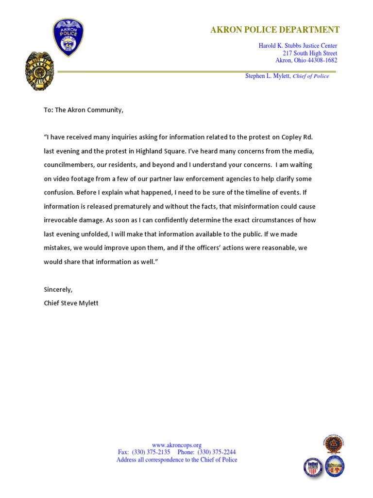 Akron Community Letter From Police Chief Steve Mylett | PDF