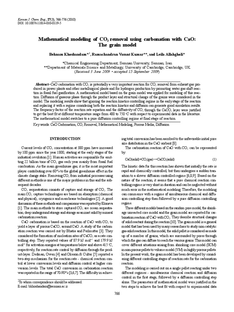 Mathematical Modeling of CO2 Removal Using Carbonation With CaO-The Grain Model | PDF | Reaction ...
