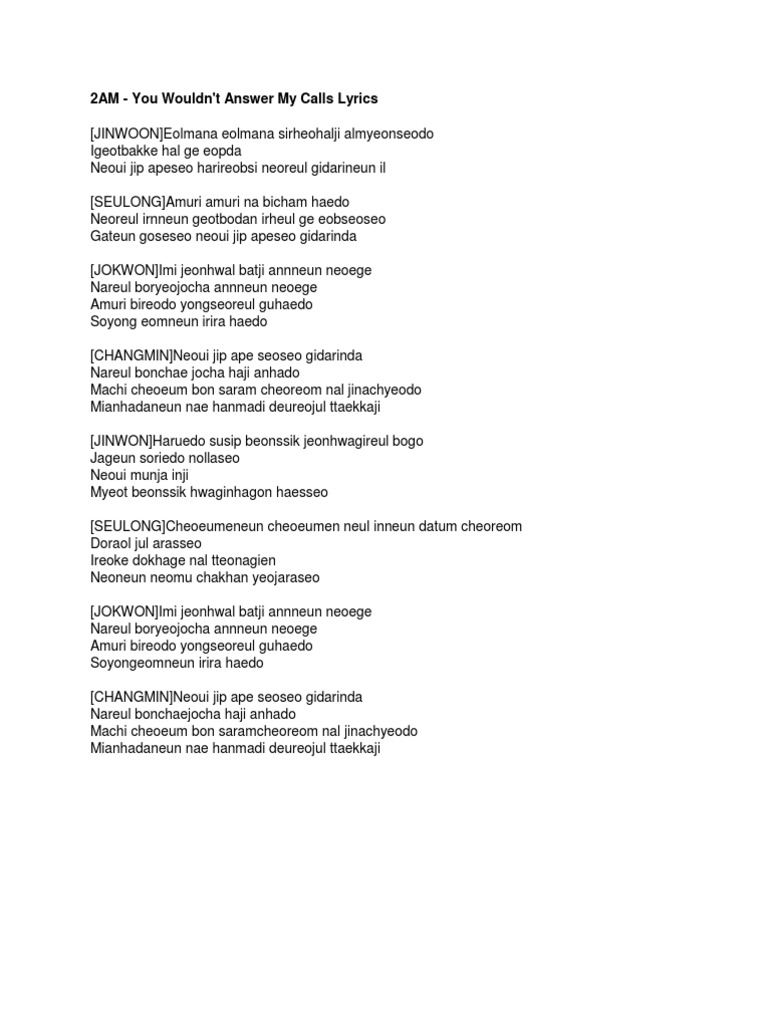 2AM - You Wouldn't Answer My Calls Lyrics | PDF | Leisure ...