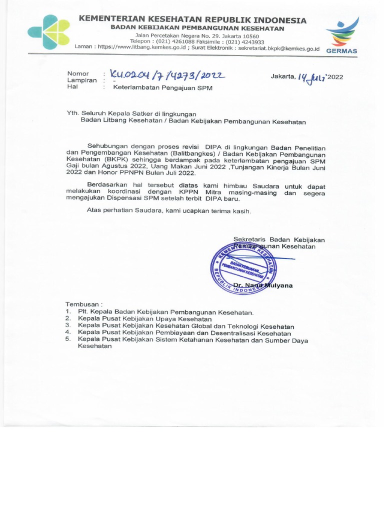 Surat Keterlambatan SPM - Kasatker | PDF