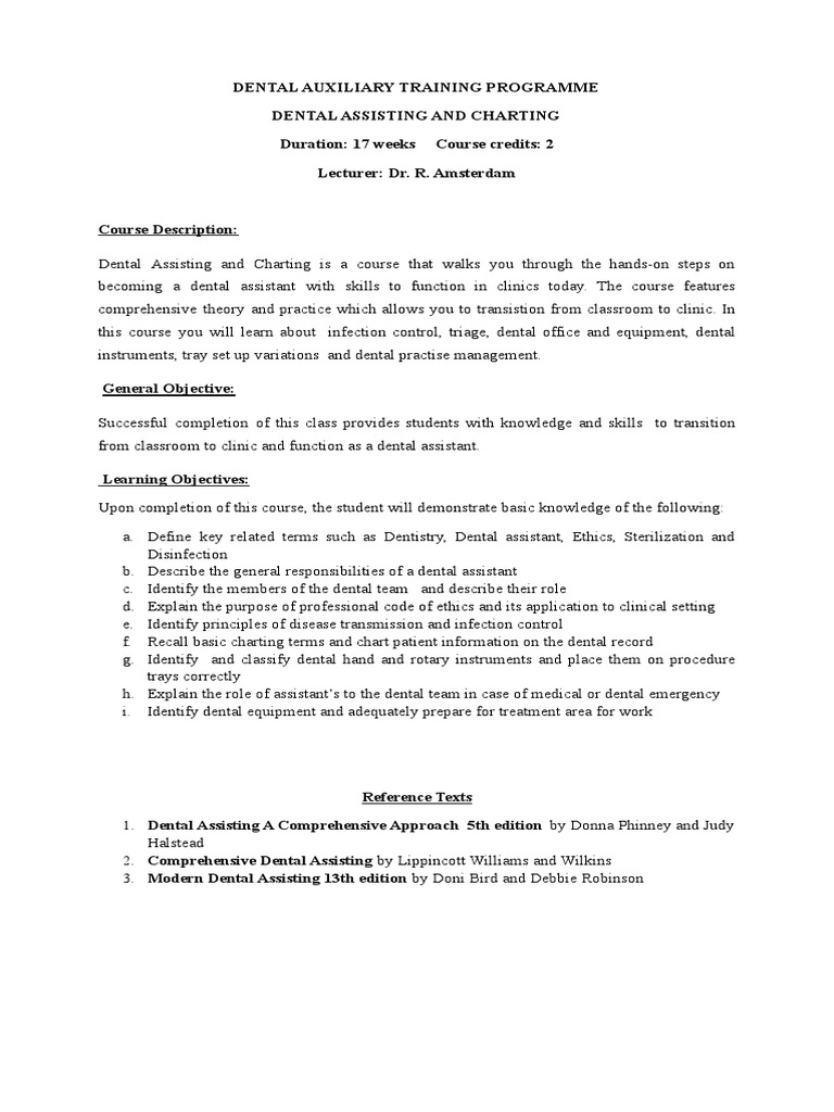 Dental Assisting and Charting Course Outline | PDF | Dentistry | Health ...