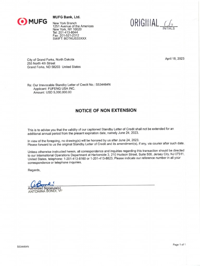 Letter of Credit - Notice of Non-Extension From MUFG | PDF