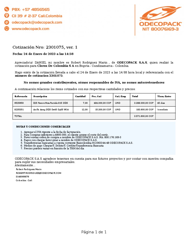 Cotización ODECOPACK S.A.S. 2301075 | PDF | Negocios | Finanzas y dinero