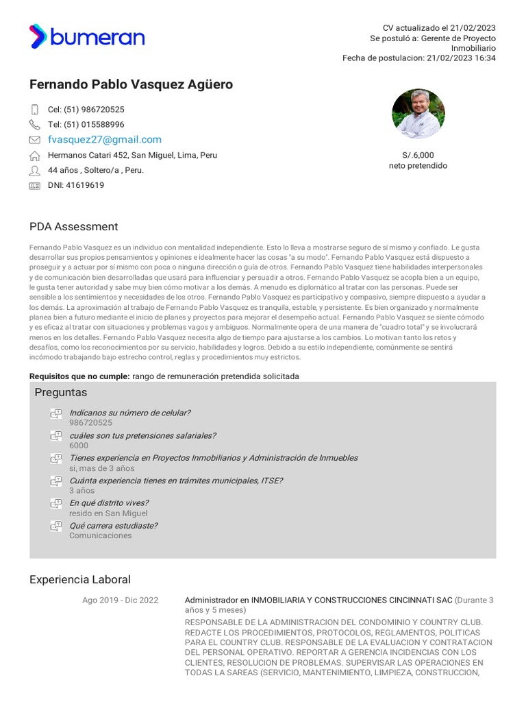 CV-Fernando Pablo Vasquez Agüero | PDF | Hotel | Industrias de servicio