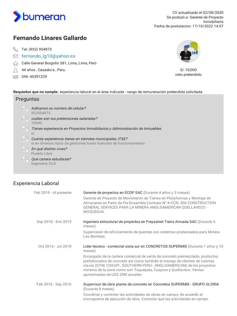 CV-Fernando Linares Gallardo | PDF | Perú | Ingeniería