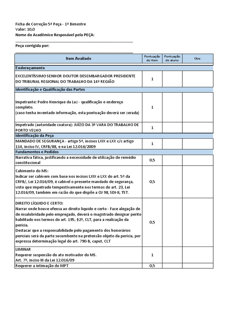 Ficha De Correção 5 Peça 1º Bimestre Pdf Mandamus Direito Público