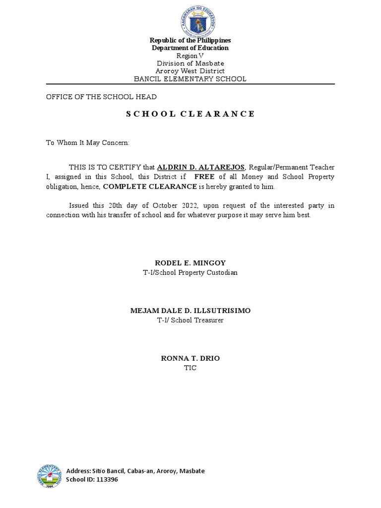 School Clearance Certificate for Teacher Aldrin D. Altarejos of Bancil ...