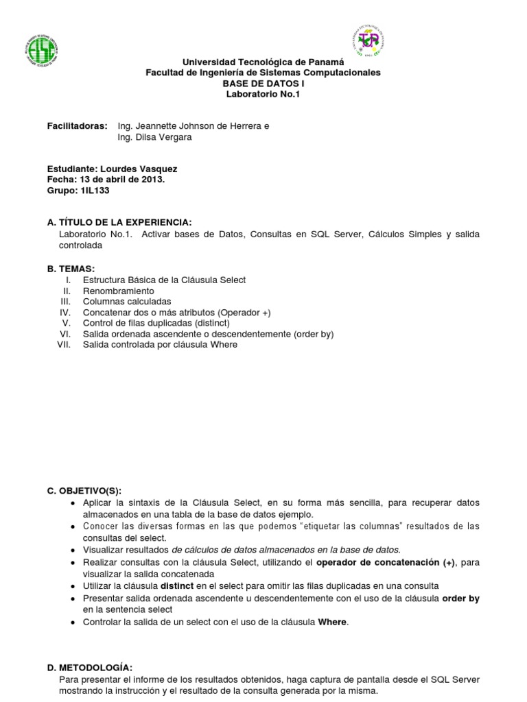 Laboratorio#1 LourdesVasquez | PDF | SQL | Desarrollo de software