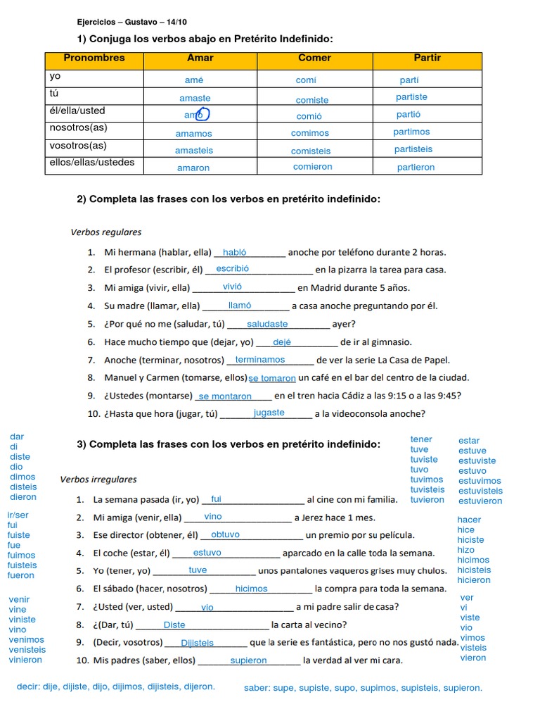 Ejercicios de verbos en pretérito indefinido y condicional | PDF ...