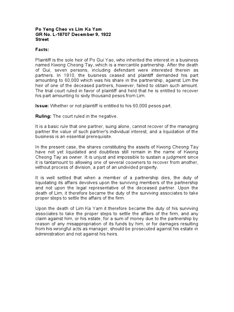 Po Yeng Cheo v. Lim Ka Yam Case Summary | PDF | Finance & Money ...