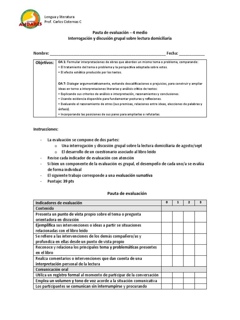 Pauta Interrogación y Discusión Literaria 4m | PDF | Evaluación ...